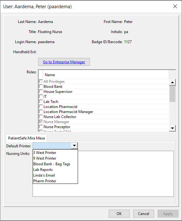 Modify User Role and Default Printer