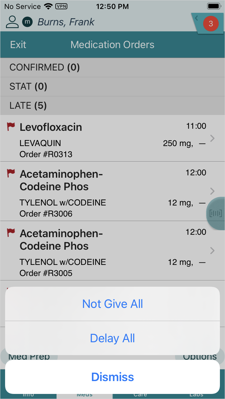 Options on the Medication Orders Screen