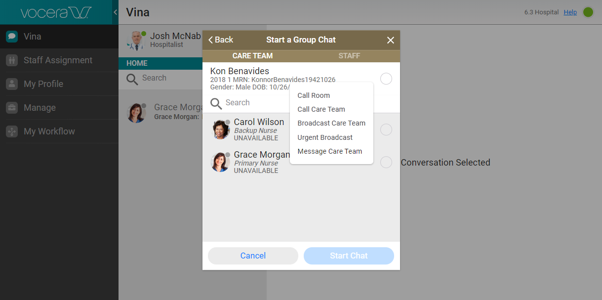 Calls and Broadcasts from a Patient Context