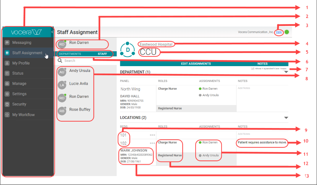The Staff Assignment Home Page Layout in Vocera Engage