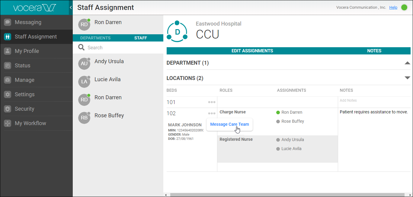 Messaging Care Team in Vocera Engage
