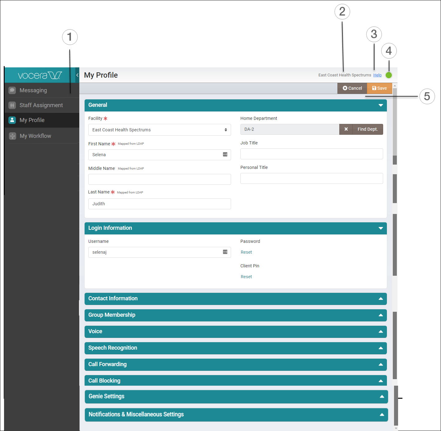 The My Profile Home Page Layout in Vocera Engage