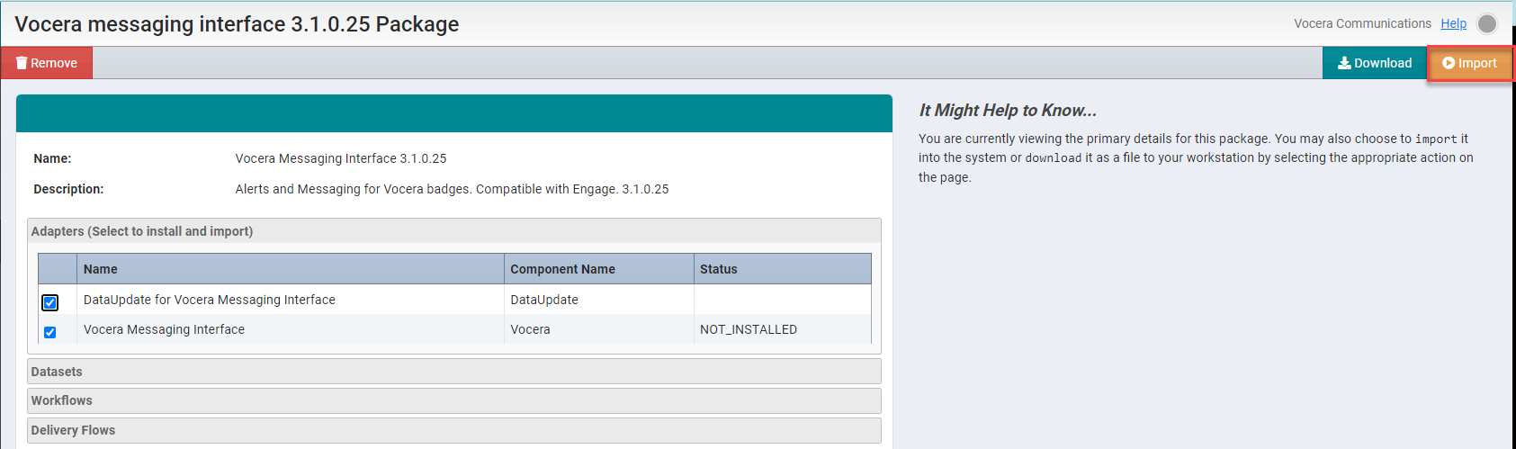 Importing the Vocera Messaging Interface Solution Package in Vocera Engage
